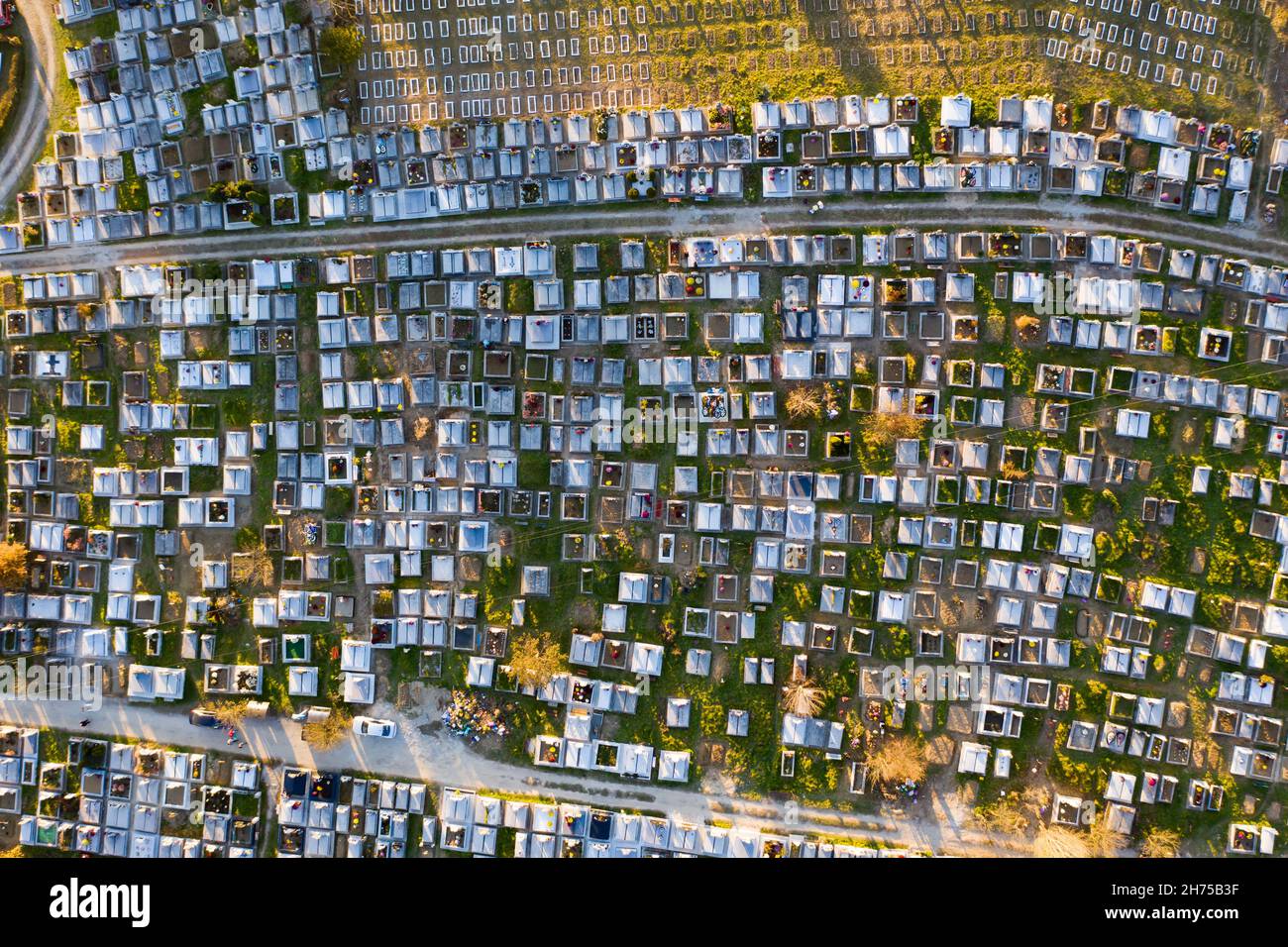 Aerial drone view of cemetery and graves. Graveyard, view from above ...