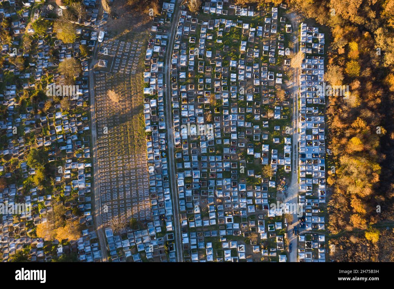 Aerial drone view of cemetery and graves. Graveyard, view from above ...