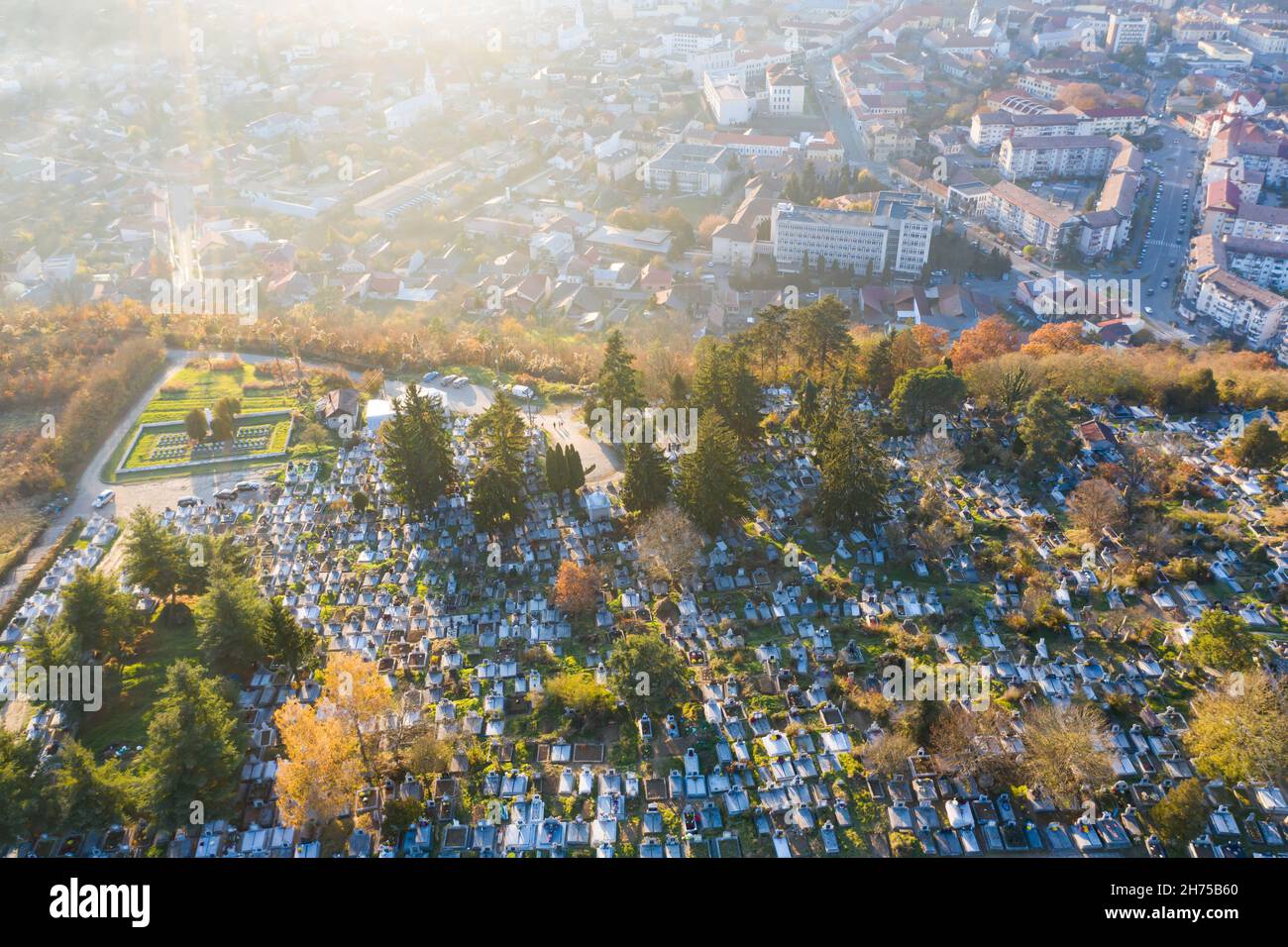 Aerial drone view of cemetery and graves. Graveyard, view from above ...