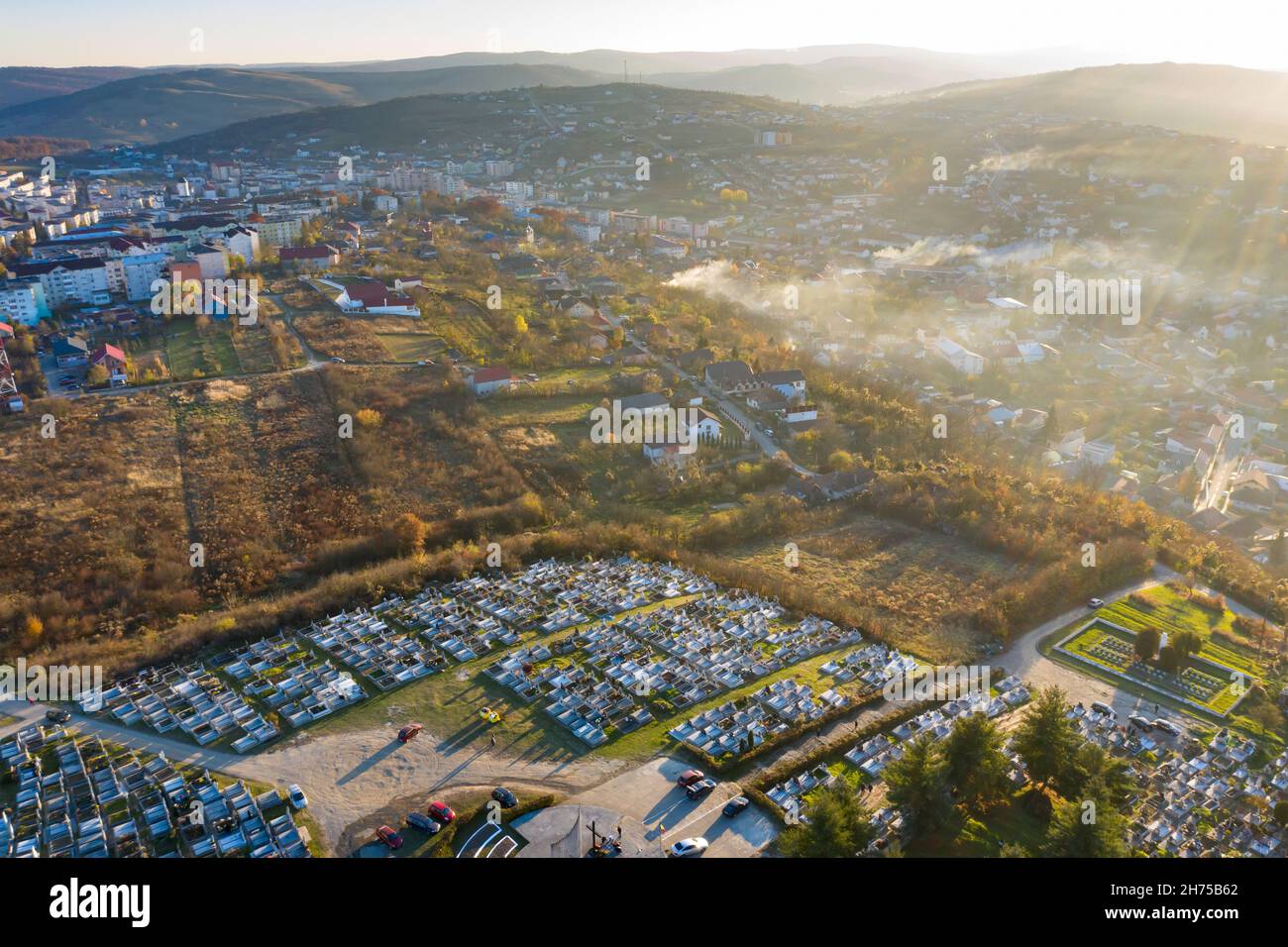 Aerial drone view of cemetery and graves. Graveyard, view from above ...