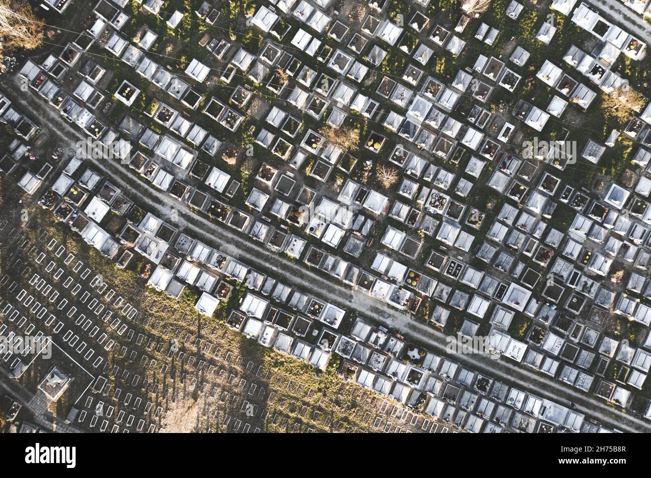 Aerial drone view of cemetery and graves. Graveyard, view from above ...