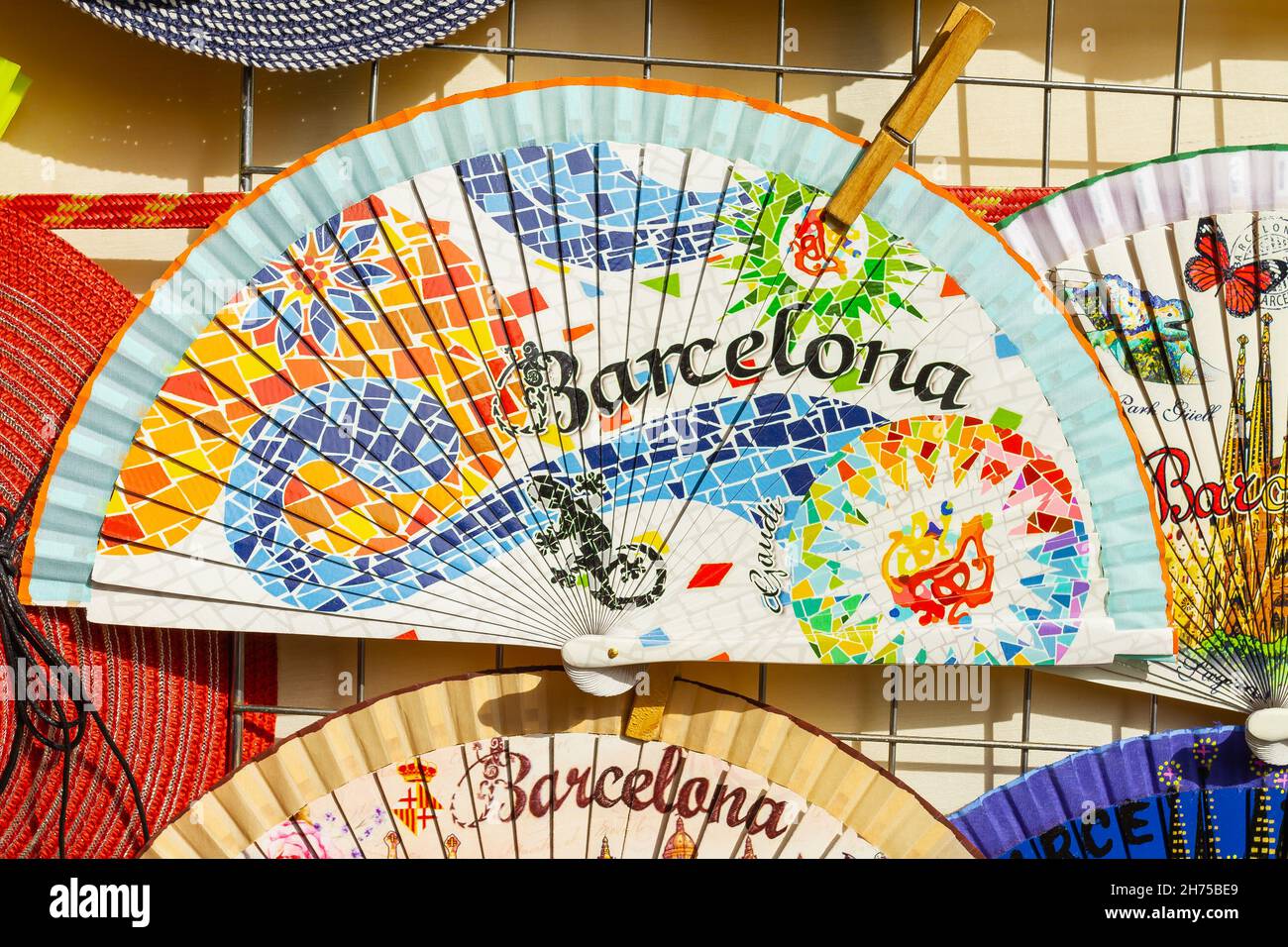 Spanish fans on display with designs on the city of Barcelona Stock ...