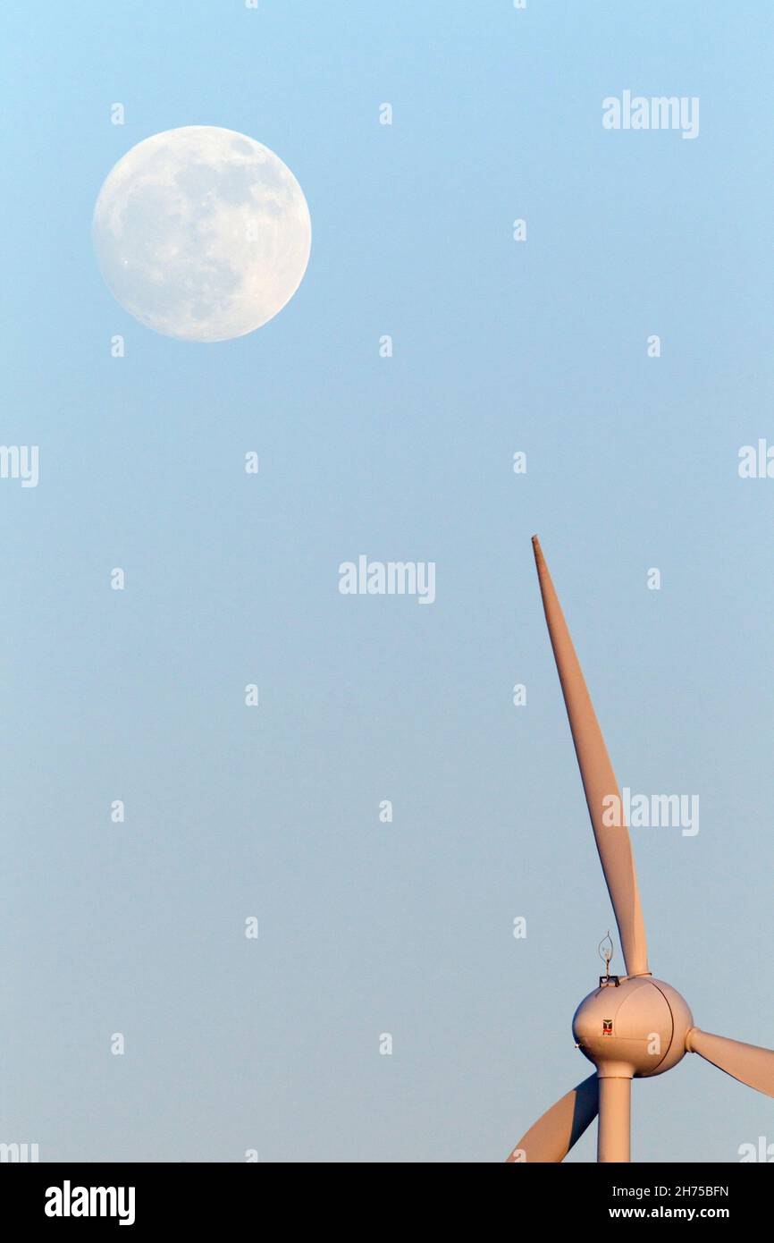 full moon over a wind turbine propeller, Lower Saxony, Germany Stock ...