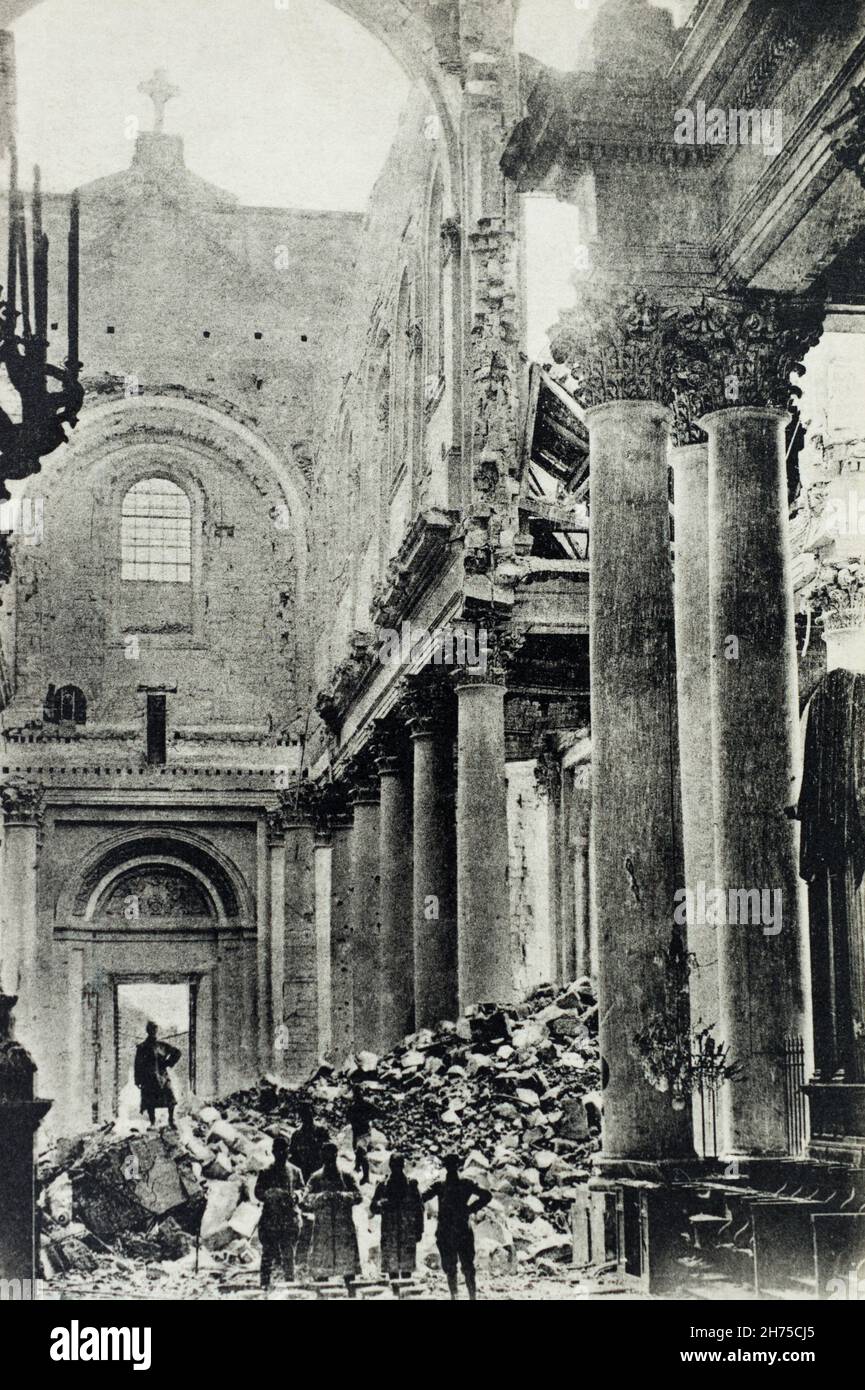A historical view of the inside of the ruins of Arras Cathedral, in ...