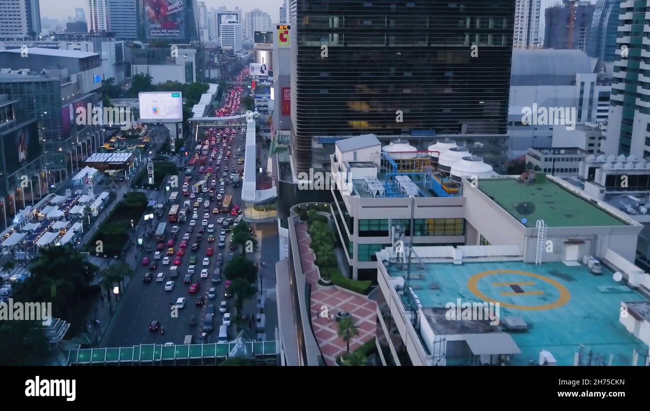 Top view of modern city with a large flow of cars standing in traffic ...