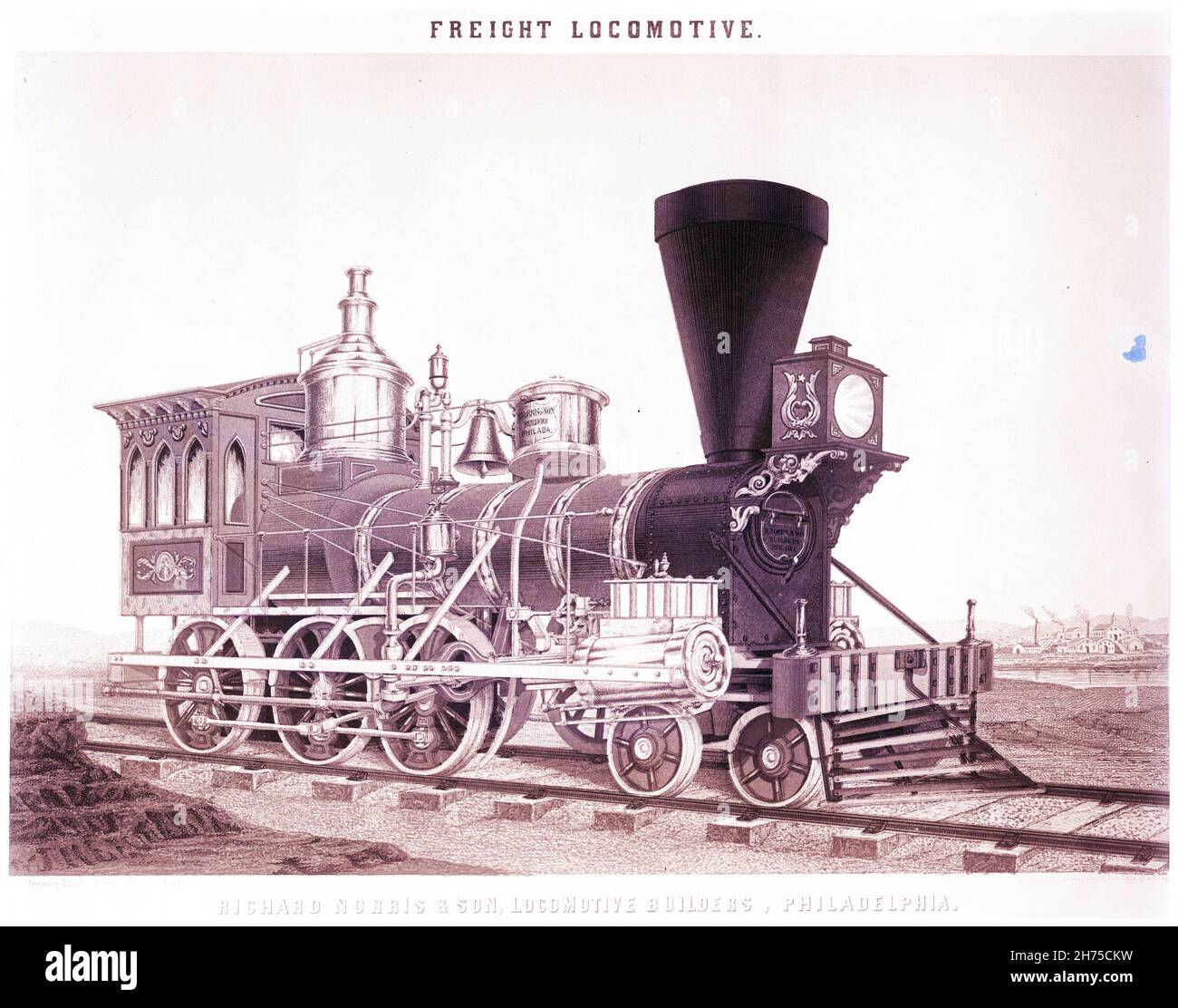Illustration of the 19th century engraving of a locomotive on the ...