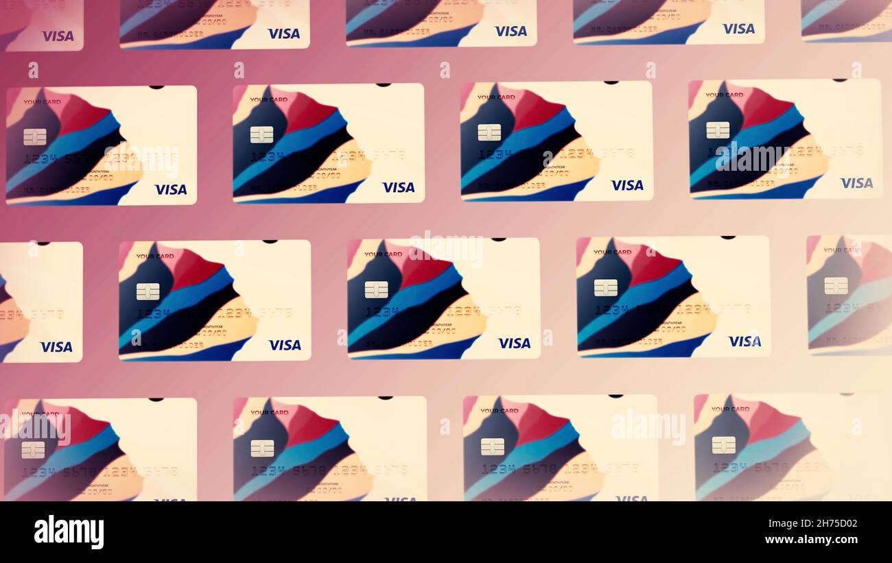 Abstract stack of Visa credit and debit cards on colorful background ...