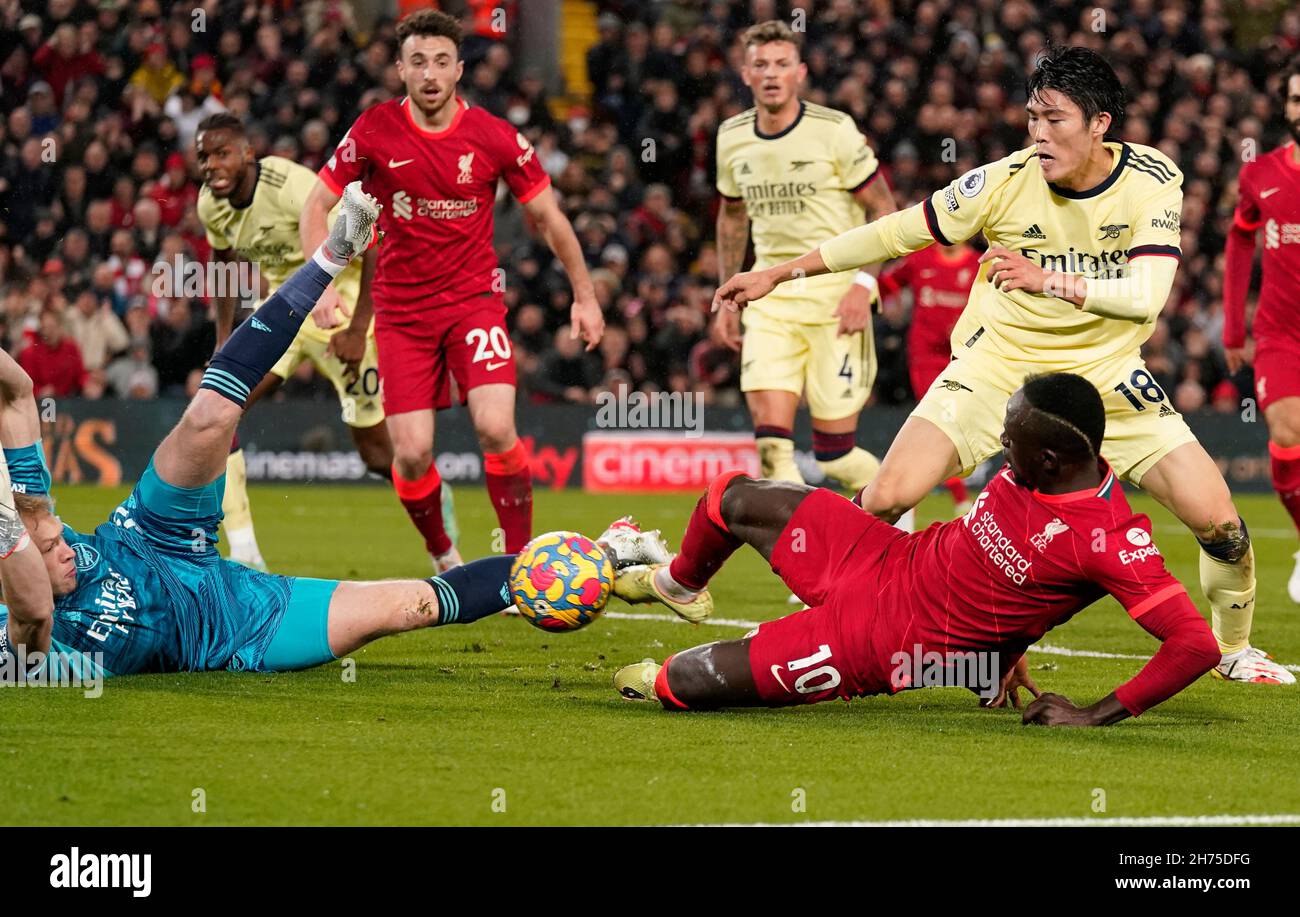 Liverpool, England, 20th November 2021. Aaron Ramsdale of Arsenal saves ...