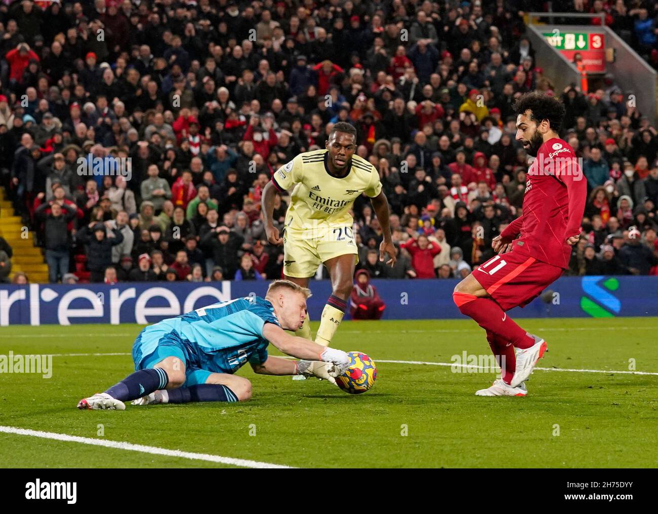 Liverpool, England, 20th November 2021. Aaron Ramsdale of Arsenal saves ...