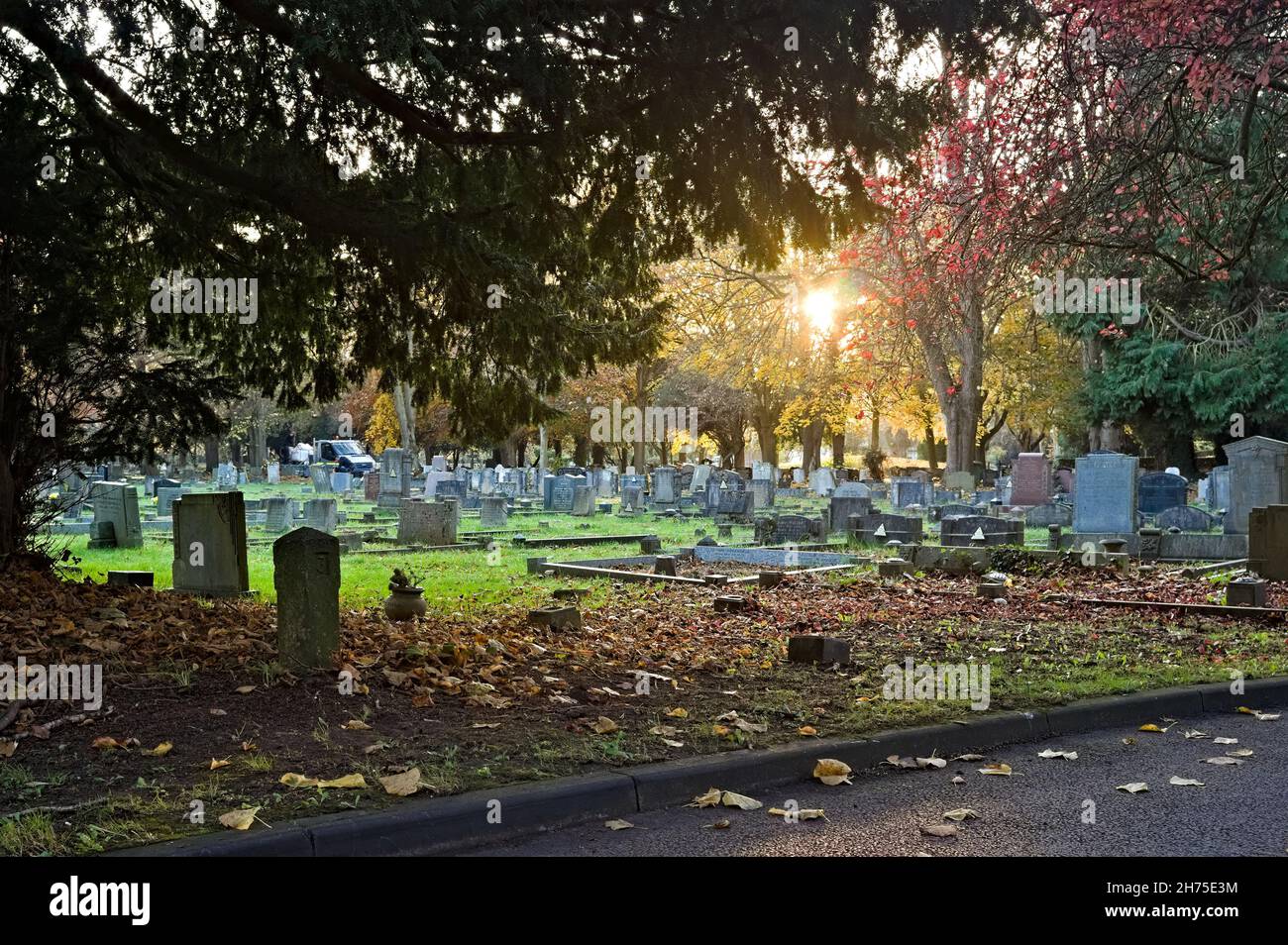 Stunning view of gravestones at the Boston Victorian cemetery with the ...