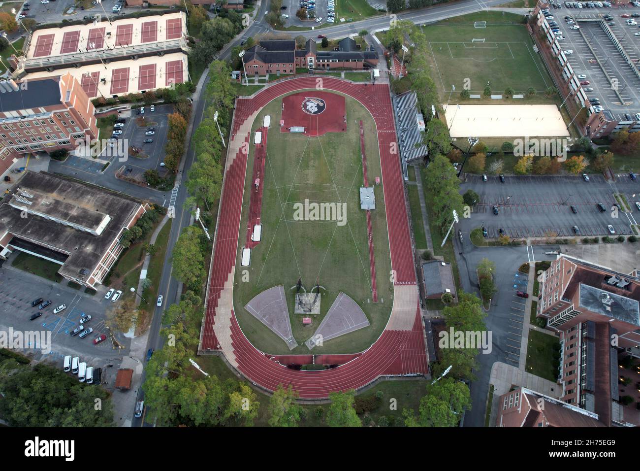 An aerial view of Mike Long Track and McIntosh Building on the campus ...