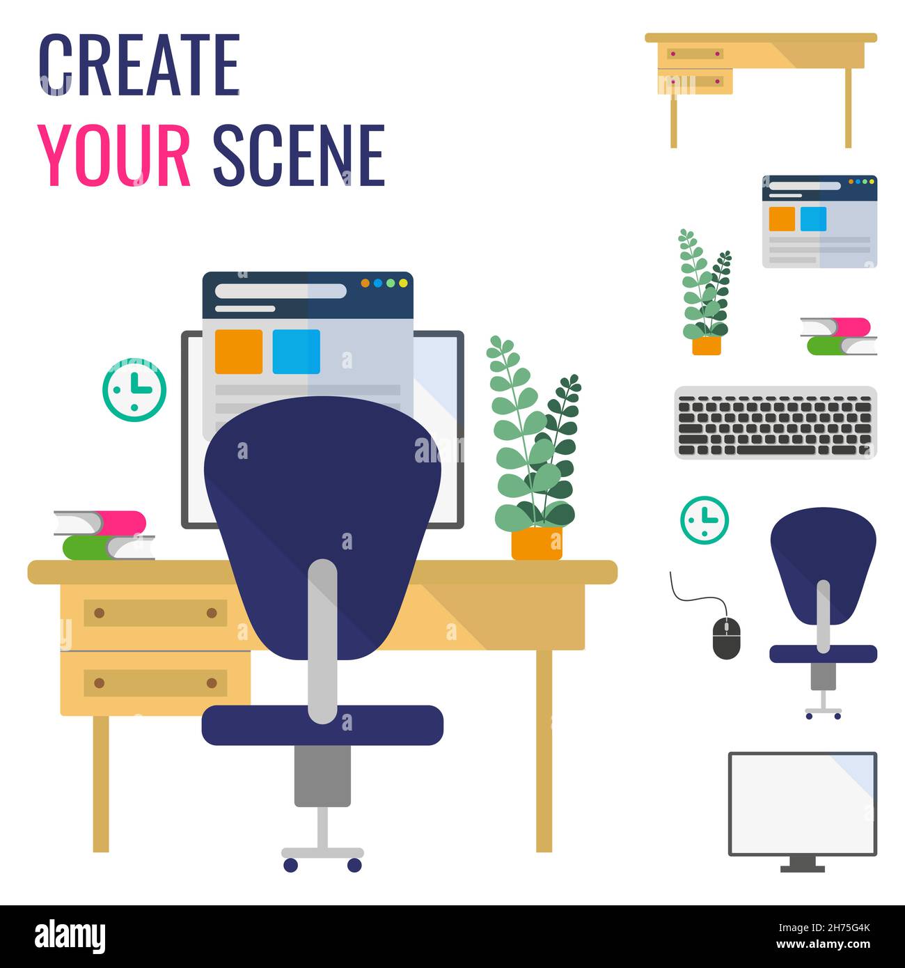 Vector illustration, workplace, work desk with computer Stock Vector ...