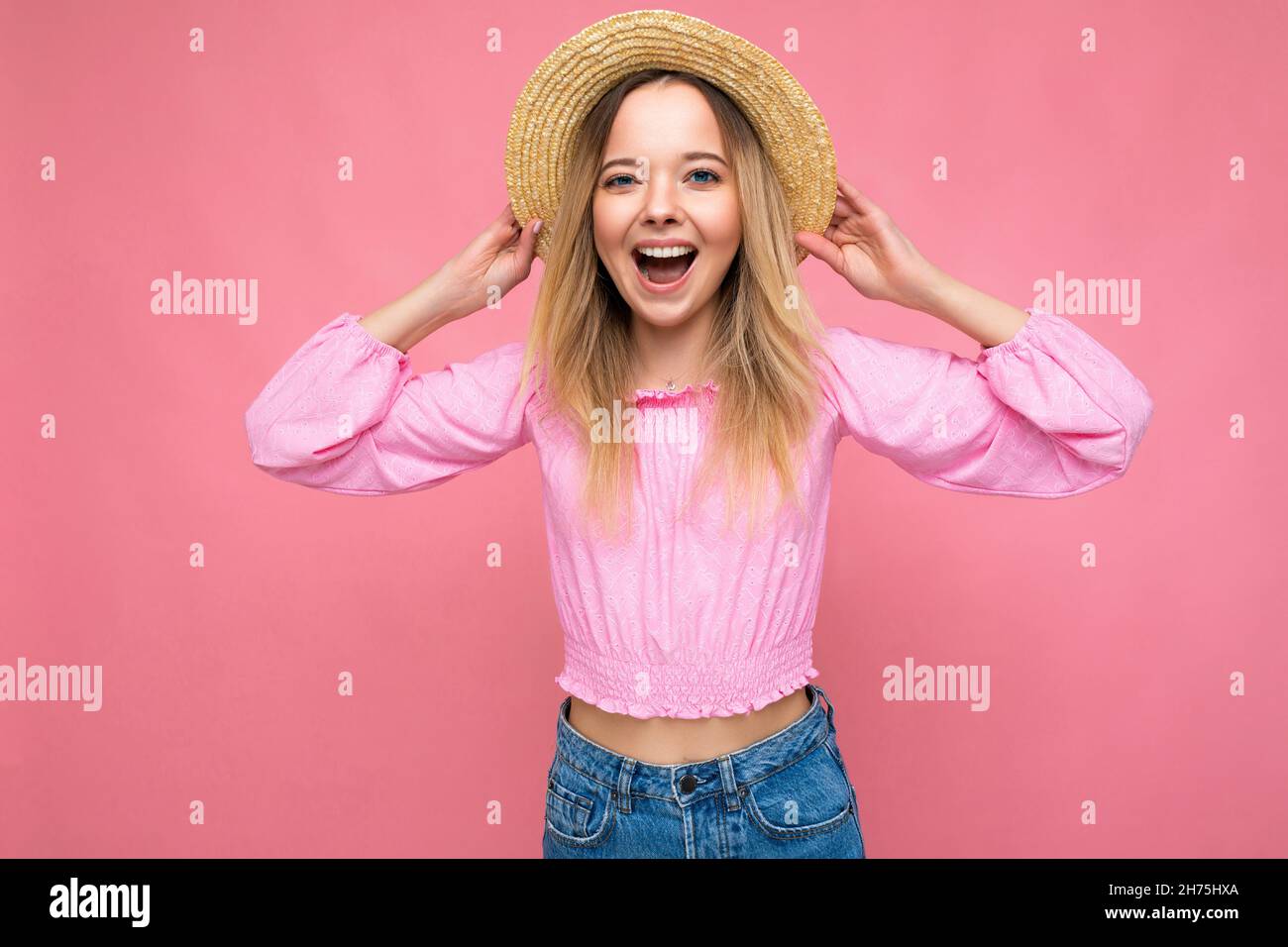 Photo Shot Of Young Beautiful Cute Happy Blonde Woman Wearing Stylish Pink Crop Top And Straw