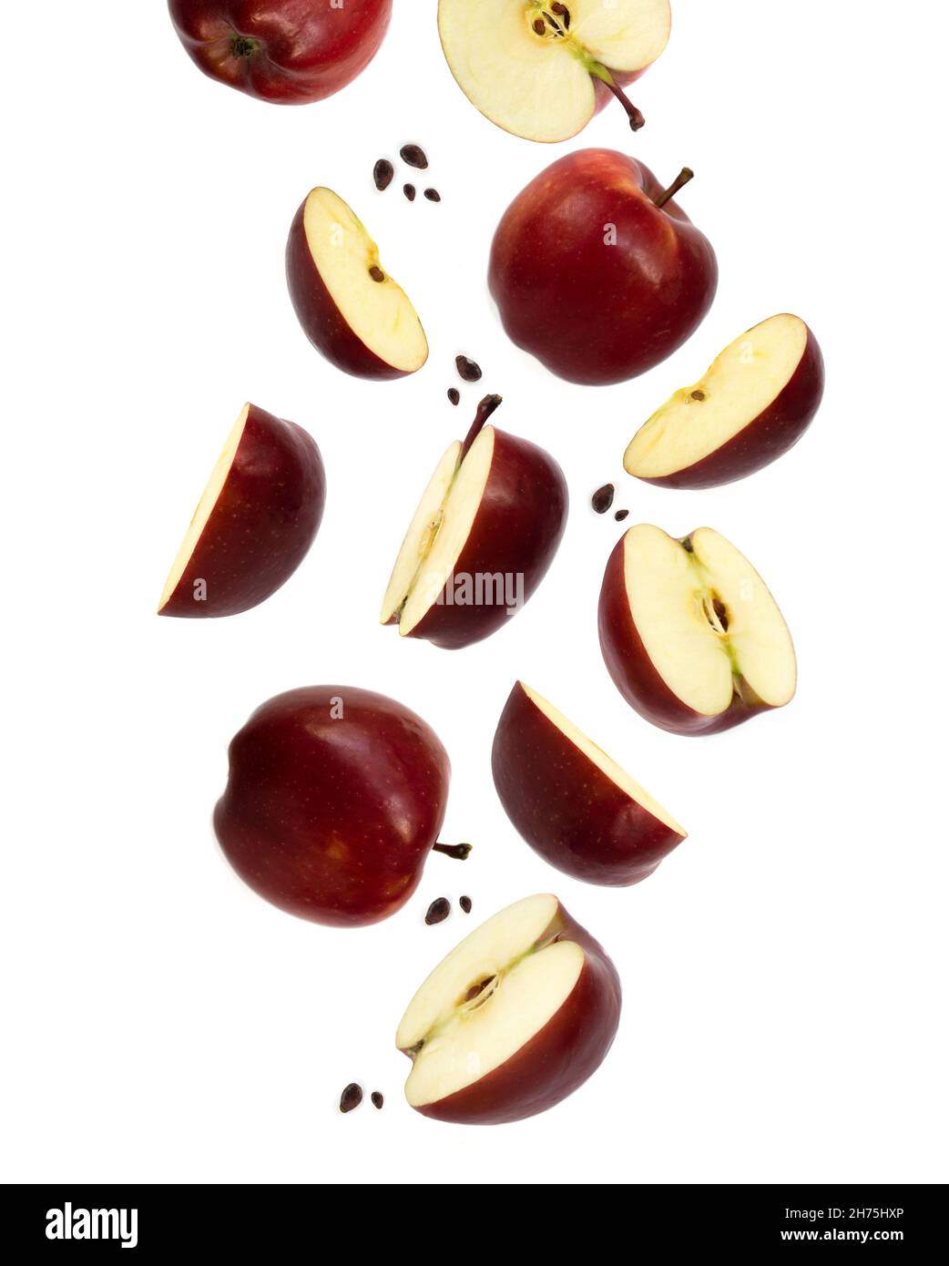 Falling red juicy apples and apples slices isolated on white background ...