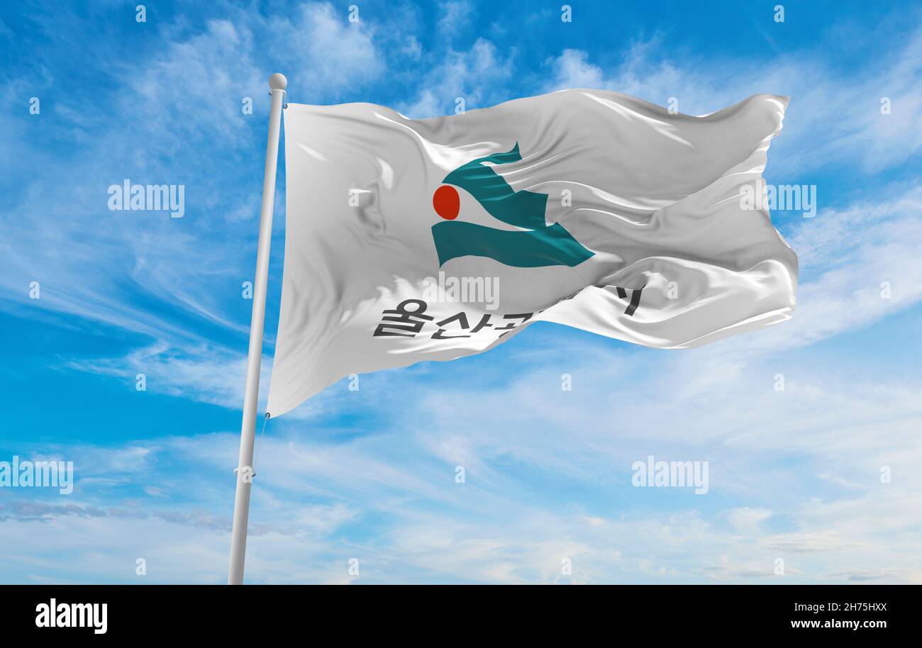 flag of Ulsan , South Korea at cloudy sky background on sunset ...