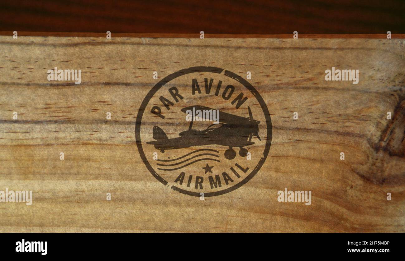 Air Mail stamp printed on wooden box. Retro par avion post letter ...