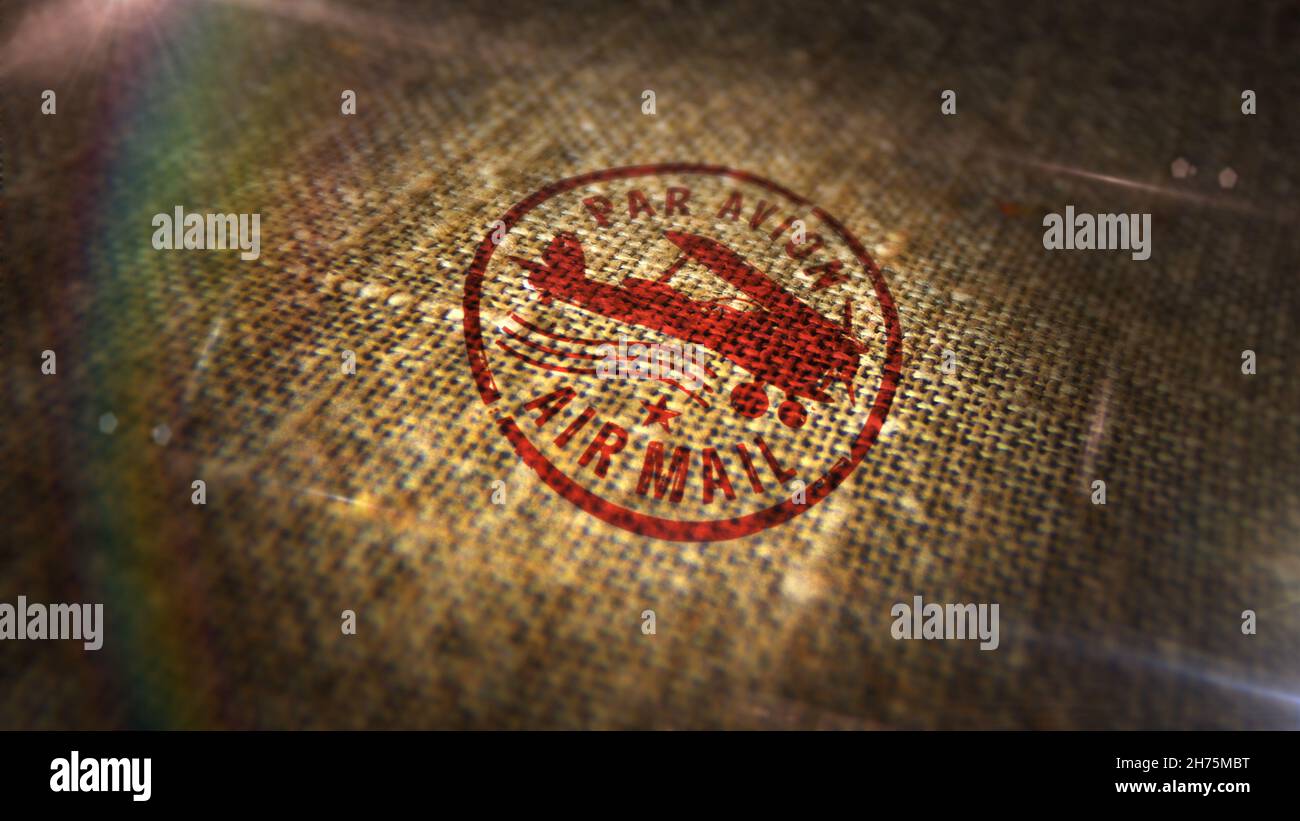 Air Mail stamp printed on linen sack. Retro par avion post letter ...