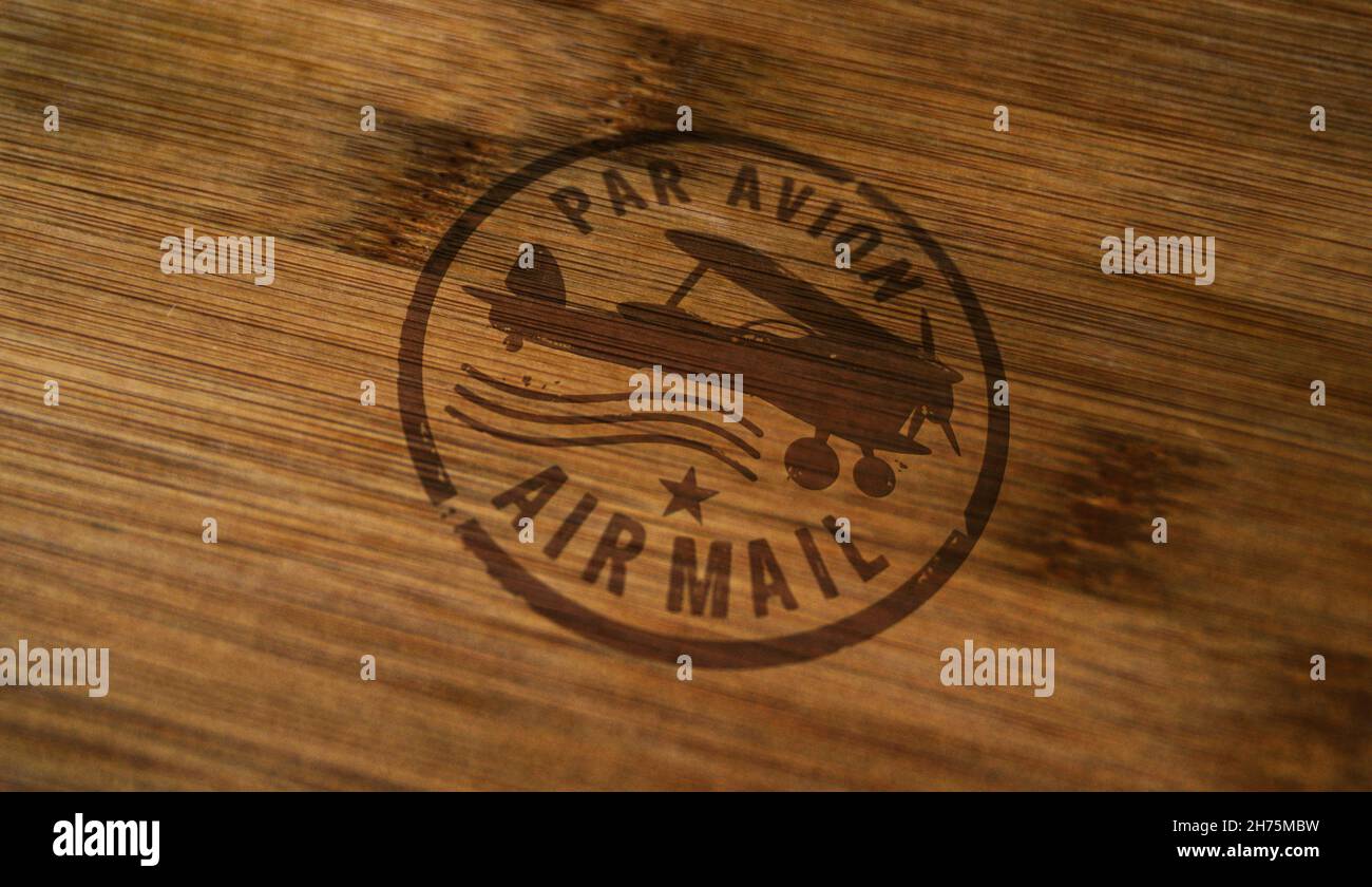 Air Mail stamp printed on wooden box. Retro par avion post letter ...