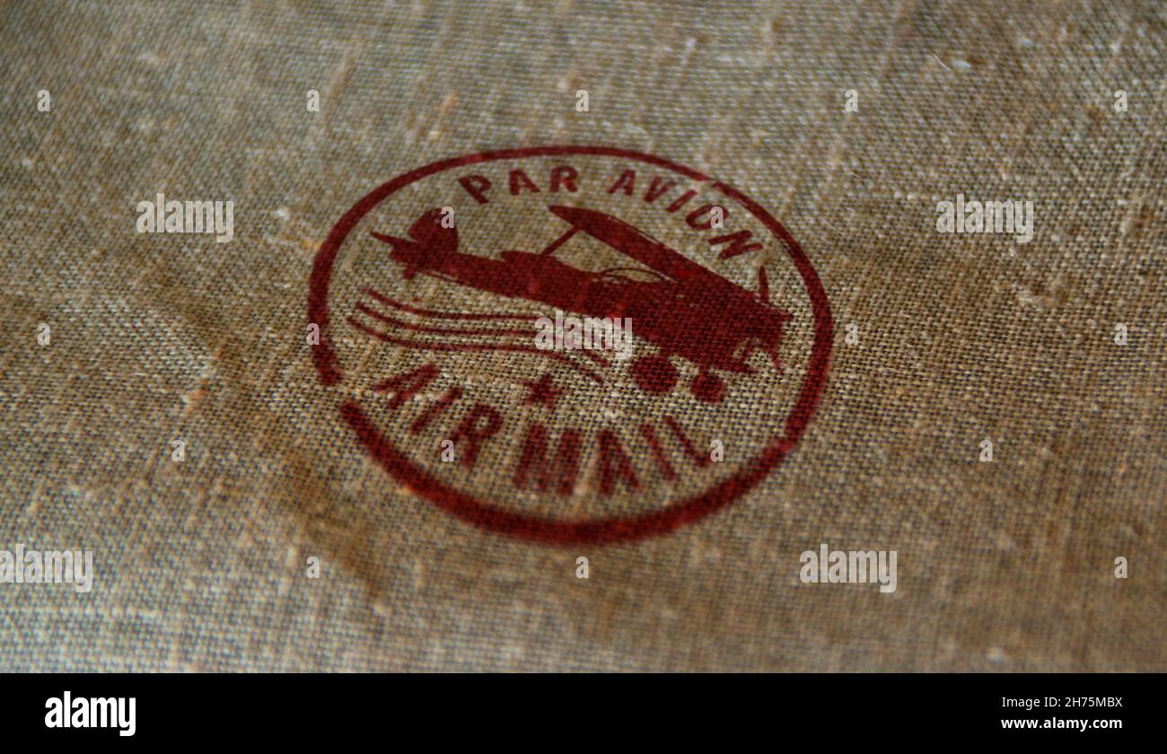 Air Mail stamp printed on linen sack. Retro par avion post letter ...