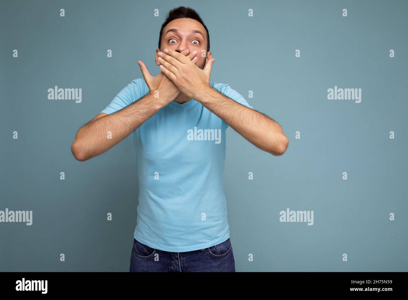 Photo of adult handsome brunet unshaven man with beard with sincere ...