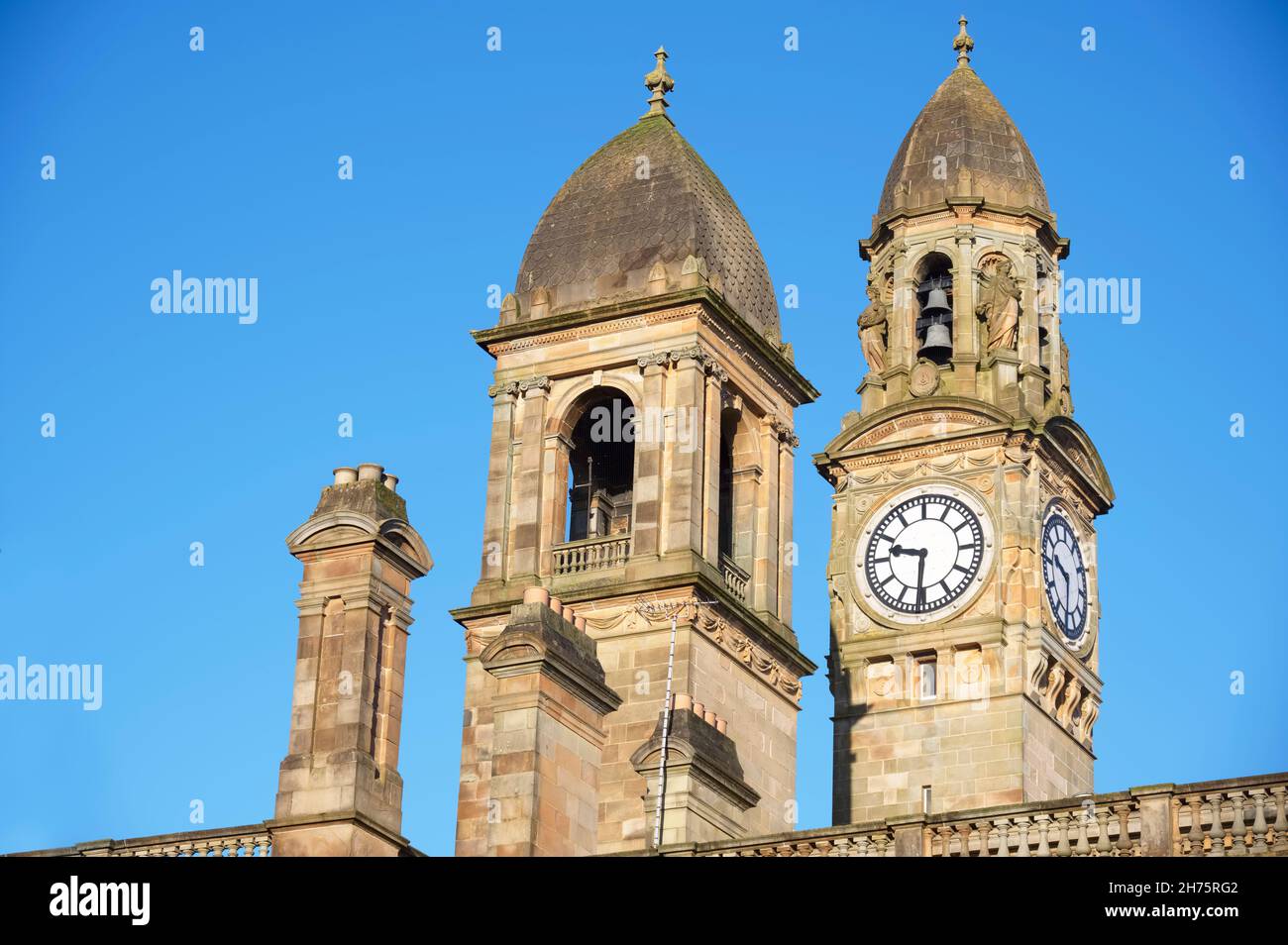 Clock tower on old victorian town hall building in Paisley Stock Photo ...