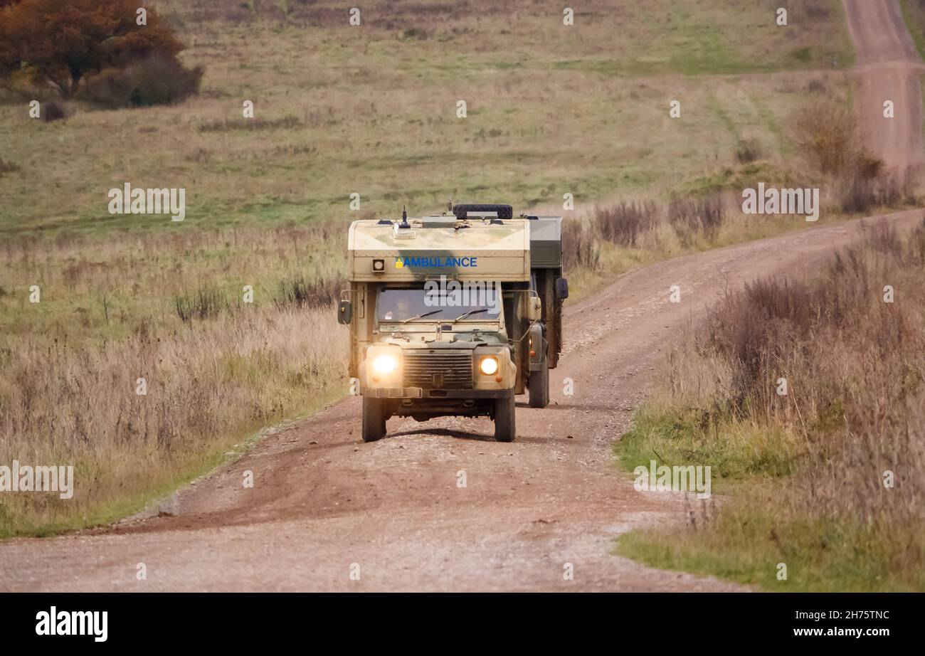 British army Land Rover Defender Wolf ambulance on a military exercise ...