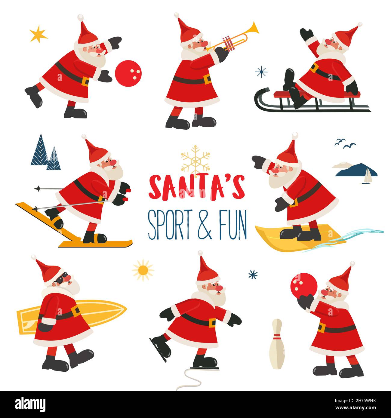 Santa sport and fun cute vector icon collection Stock Vector Image ...