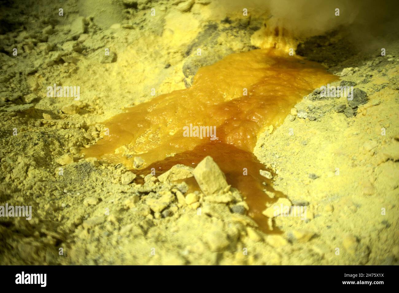Sulfur stalactites seen frozen after dripping from the pipes as the ...