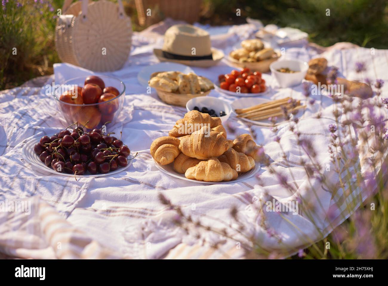 summer picnic in lavender fields. still life summer outdoor picnic with ...