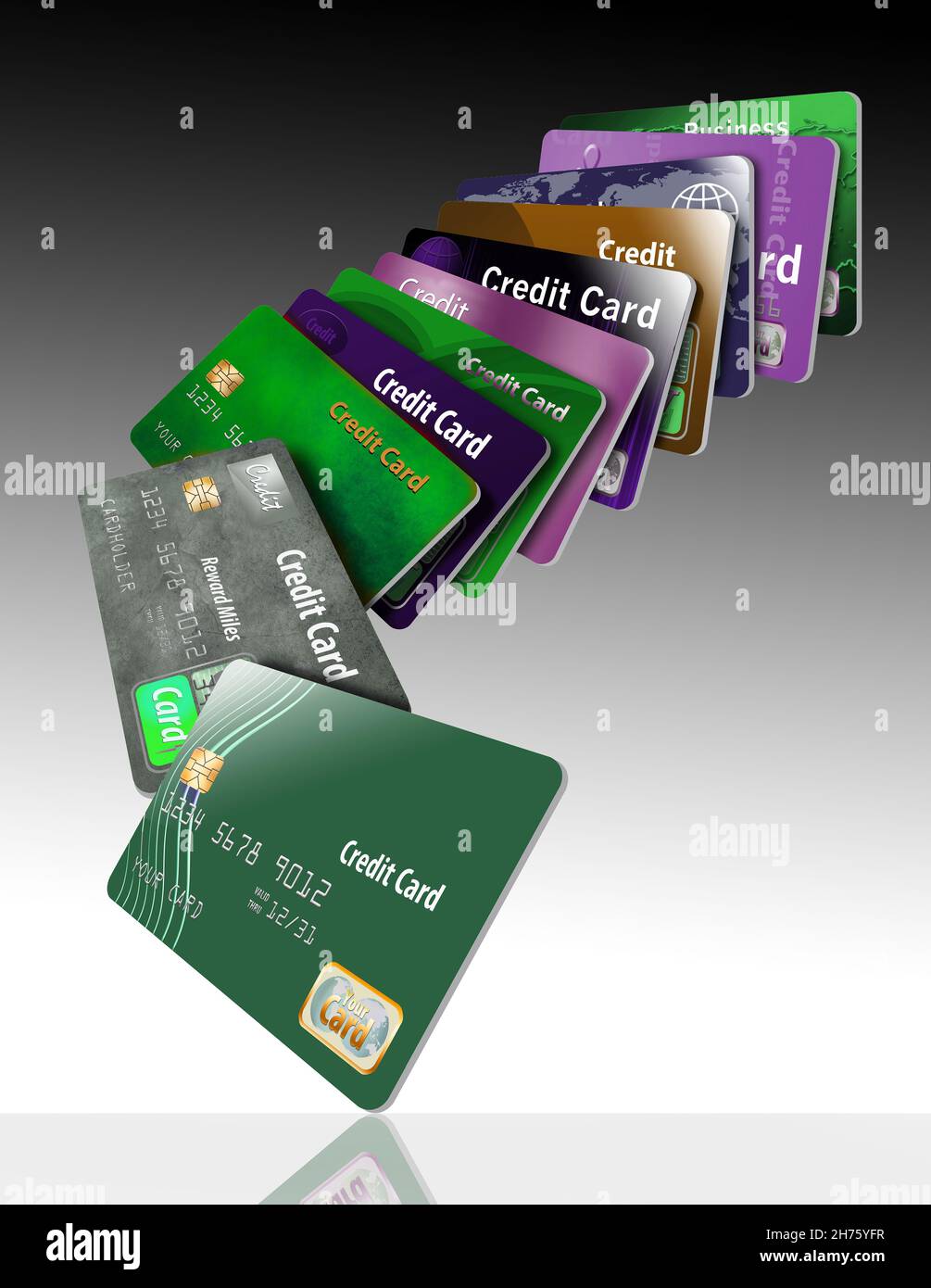 A group of cascading credit cards in seen in this 3-d illustration ...