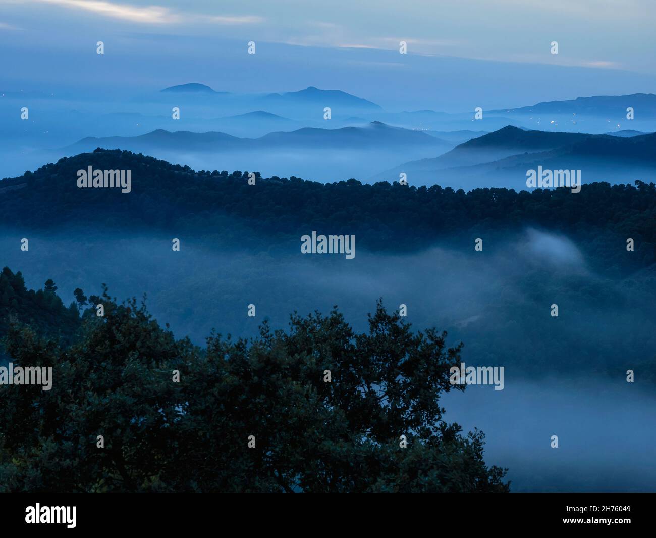 Image of a beautiful dark blue mountain landscape with fog and forest ...