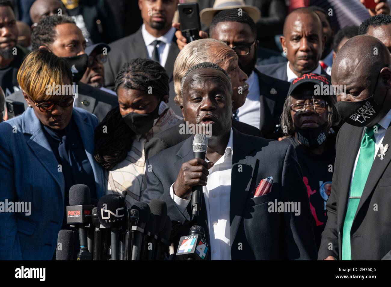 Marcus Arbery, father of slain jogger Ahmaud Arbery, center, addresses ...