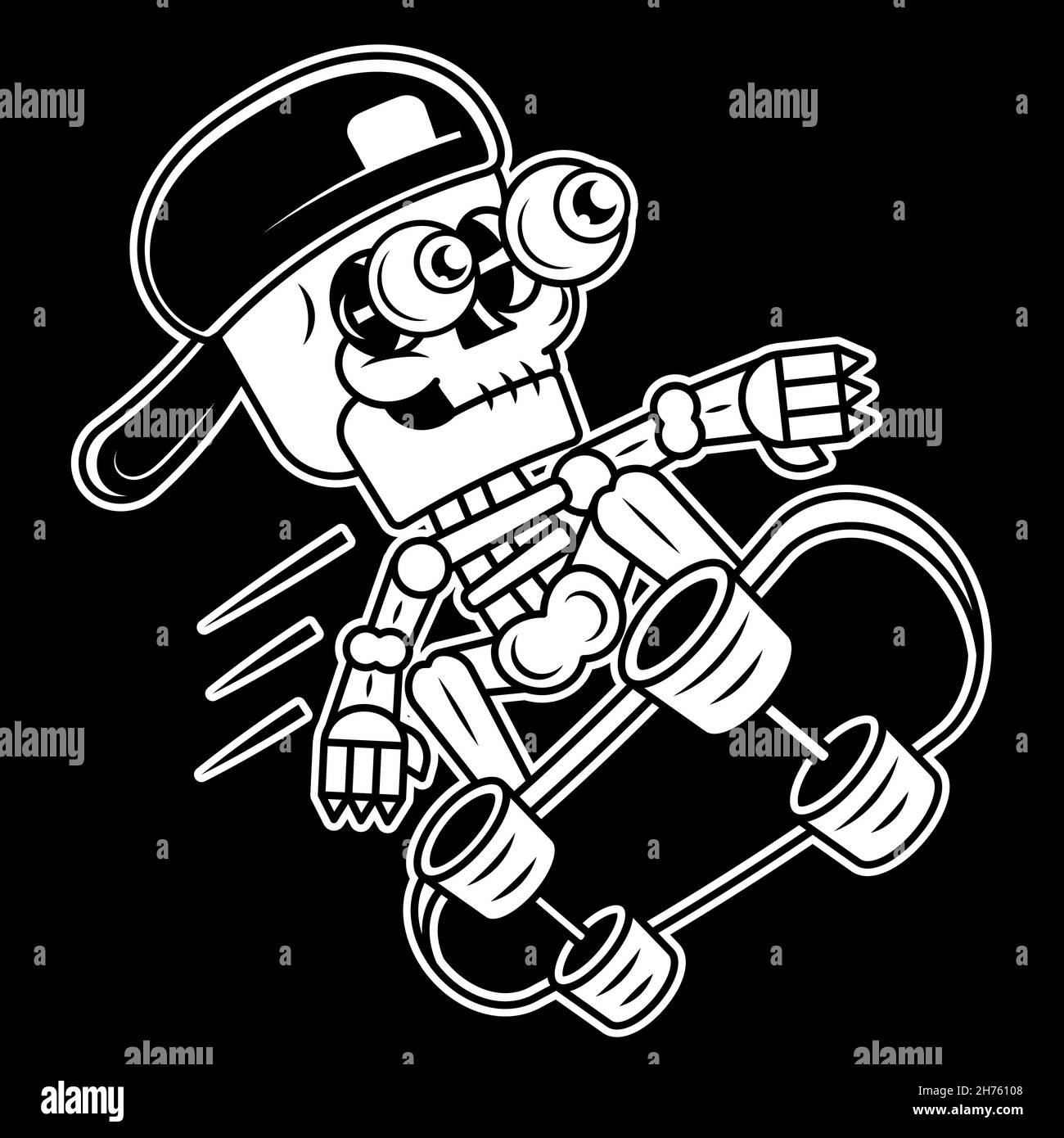 Cartoon skeleton with scarf riding skateboard, skidding skateboarding ...