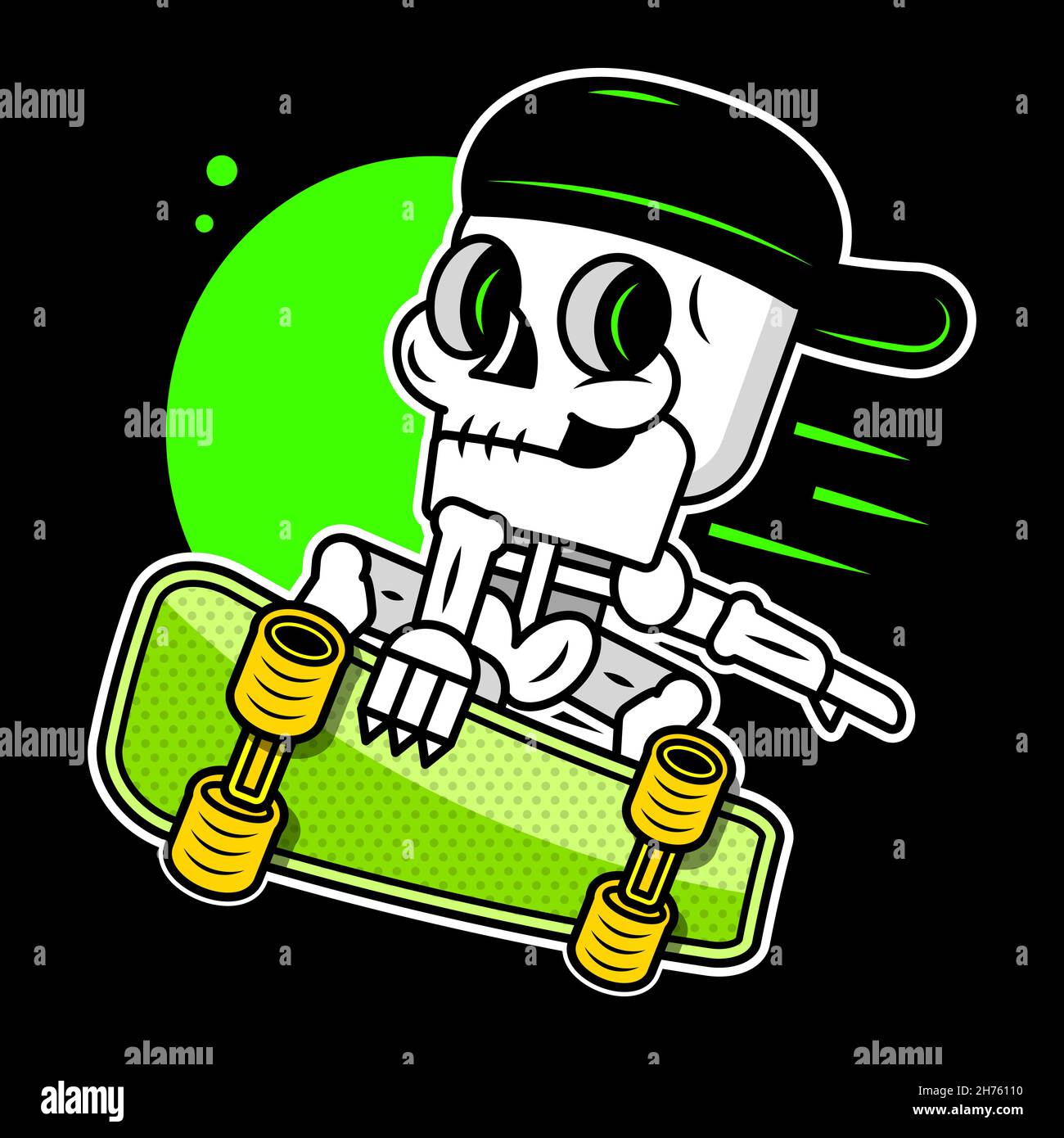 Cartoon skeleton with scarf riding skateboard, skidding skateboarding ...