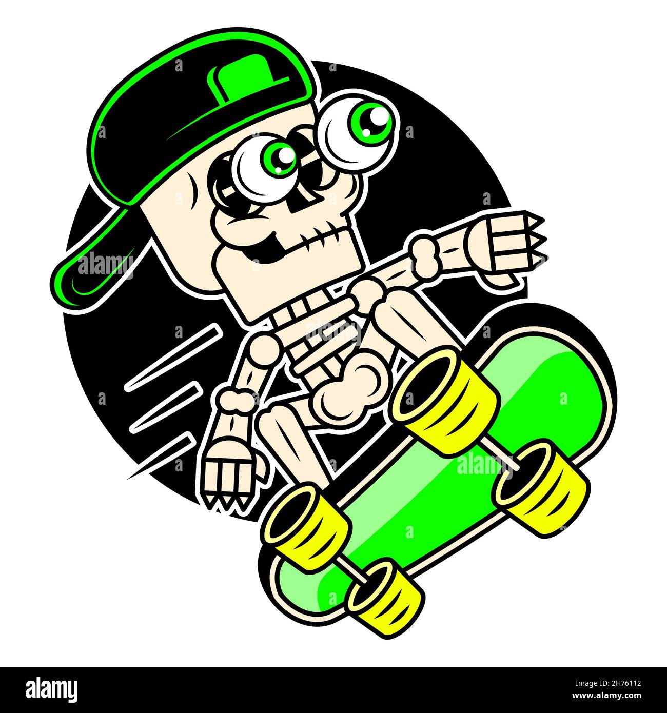 Cartoon skeleton with scarf riding skateboard, skidding skateboarding ...