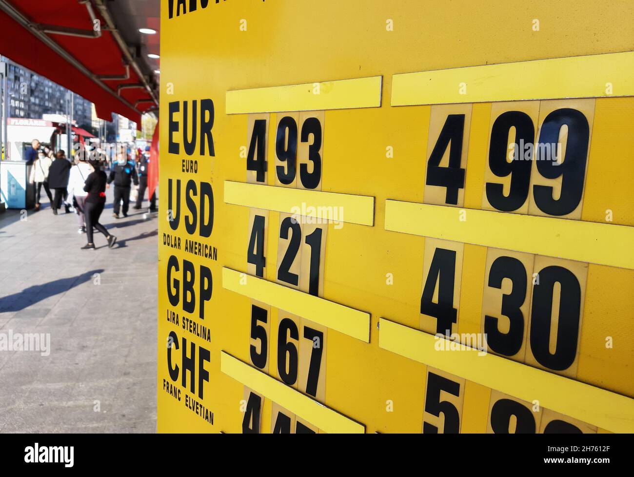 Bucharest, Romania - October 20, 2021: The exchange rate of the Leu ...