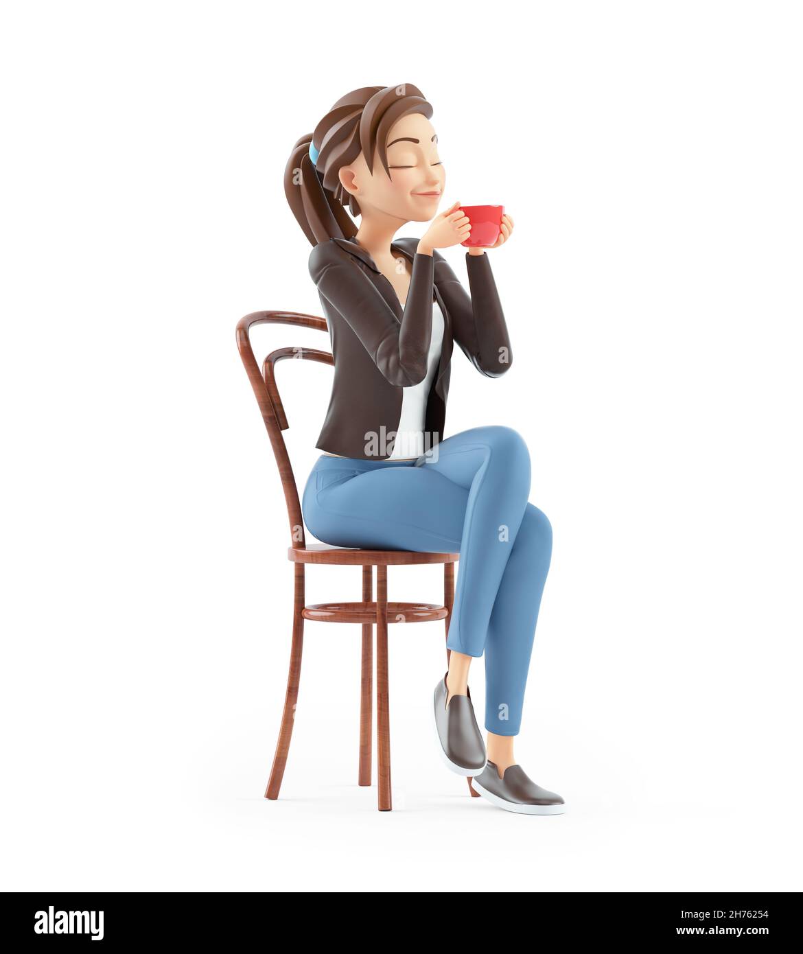 3d cartoon woman sitting on chair and smelling coffee, illustration ...