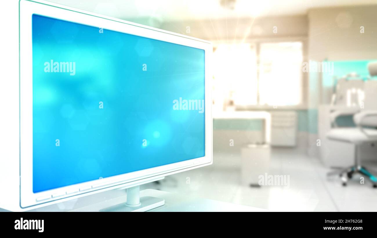 nice mockup - blue screen monitor in office with free space - cg object ...