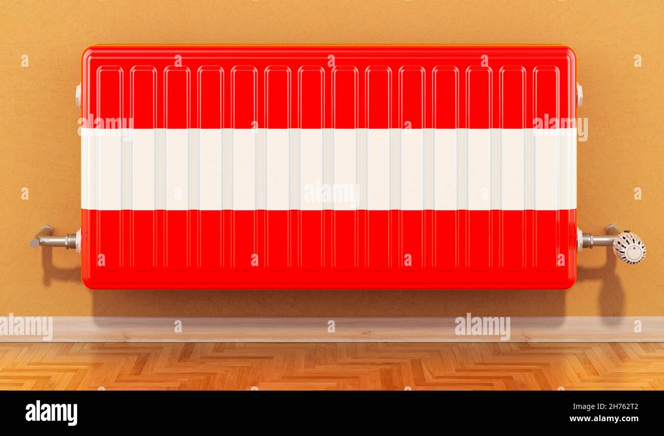 Heating radiator with Austrian flag on the wall. Heating in Austria ...