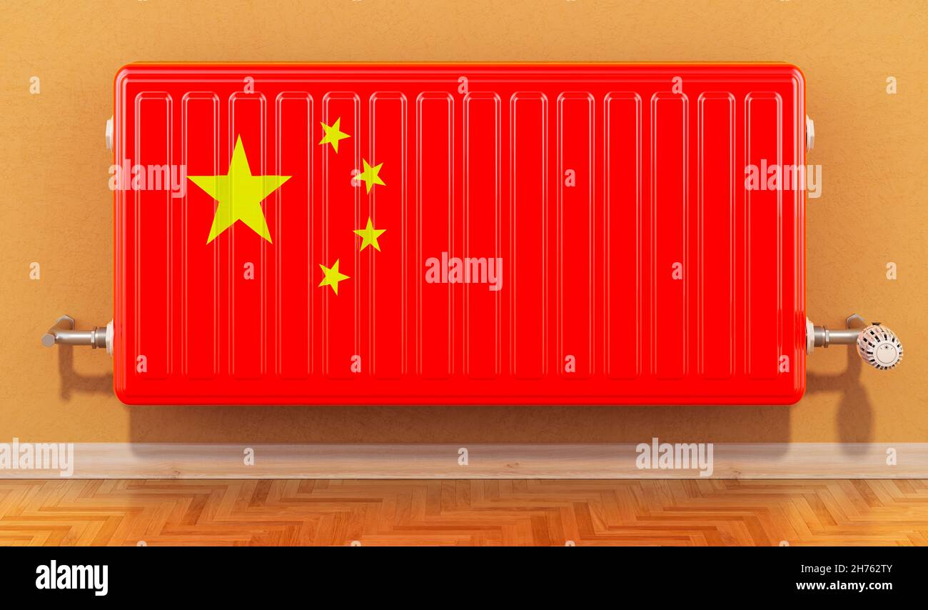 Heating radiator with Chinese flag on the wall. Heating in China ...