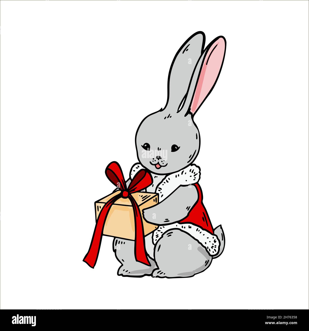 Hand drawn rabbit with a Christmas present. Vector illustration Stock ...
