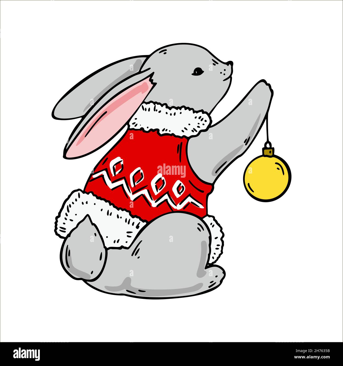 Hand drawn rabbit with a Christmas tree ball. Vector illustration Stock ...