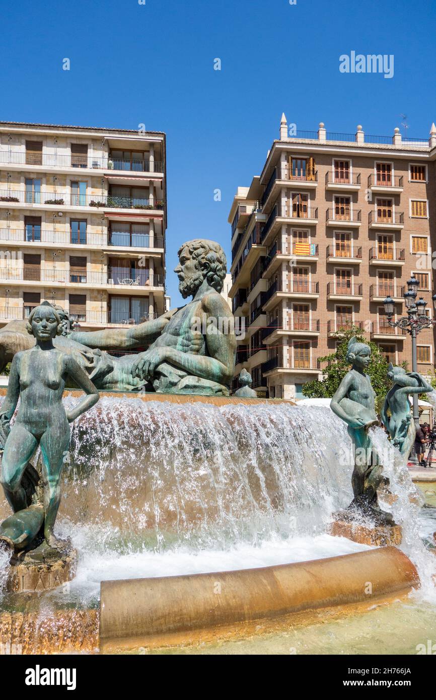 The Rio Turia fountain in the Plaza de La Virgen in the Spanish city of ...