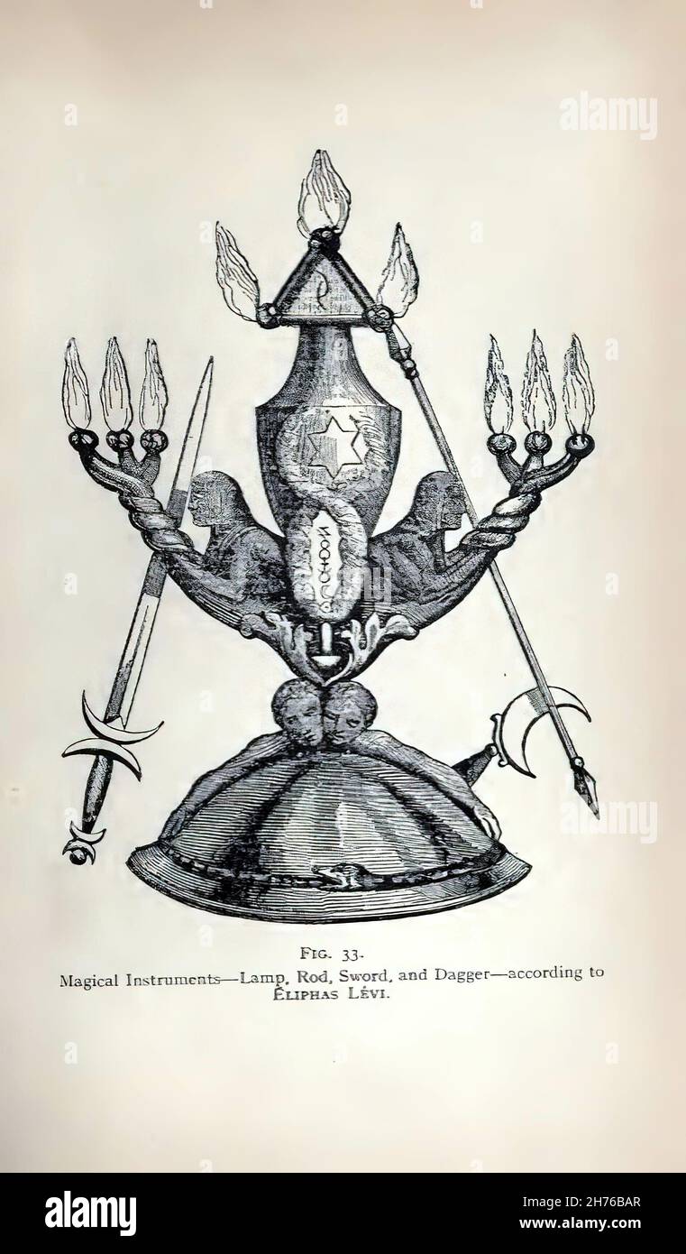 An 18-19th century illustration of magical Instruments with lamp, rod ...