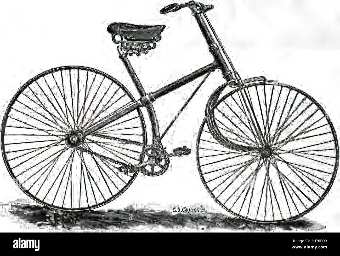 A 19th-century vintage black illustration of a bicycle on a white ...