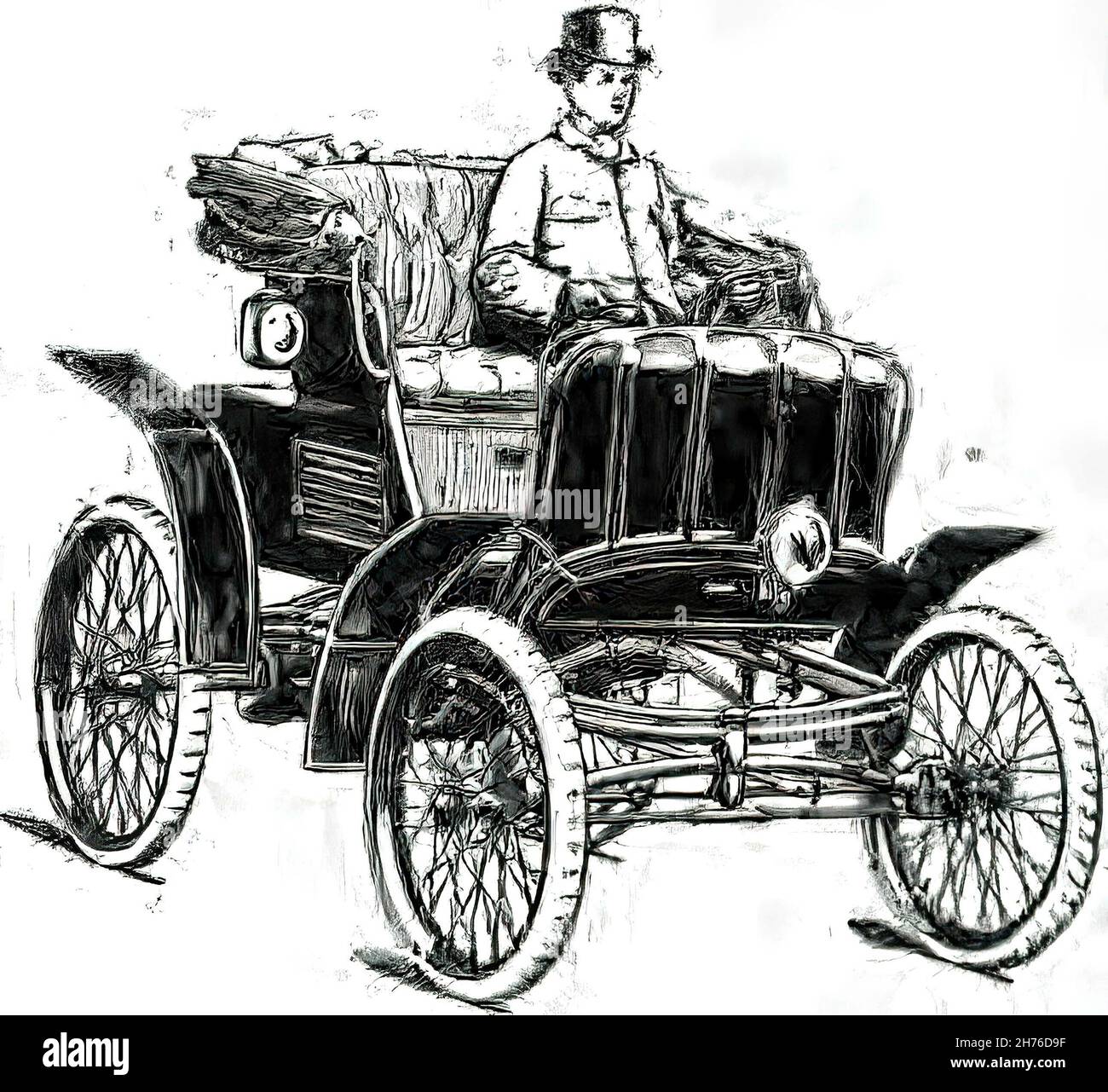A 19th-century vintage black illustration of a retro automobile on a ...