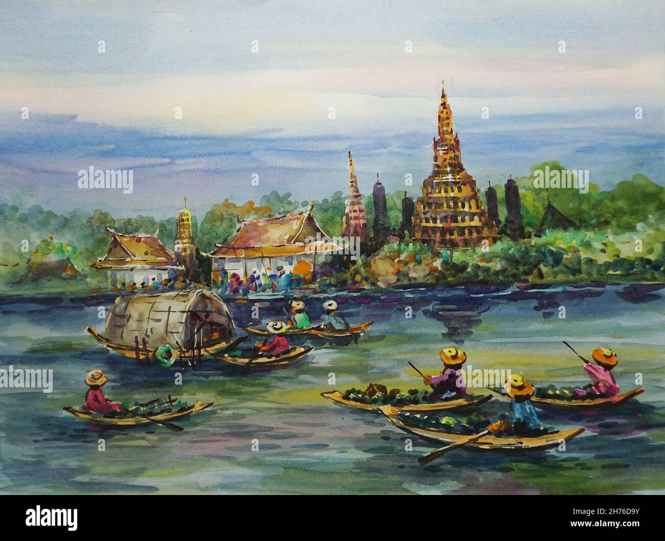 Art painting Watercolor Floating market and temple Thailand Stock Photo ...
