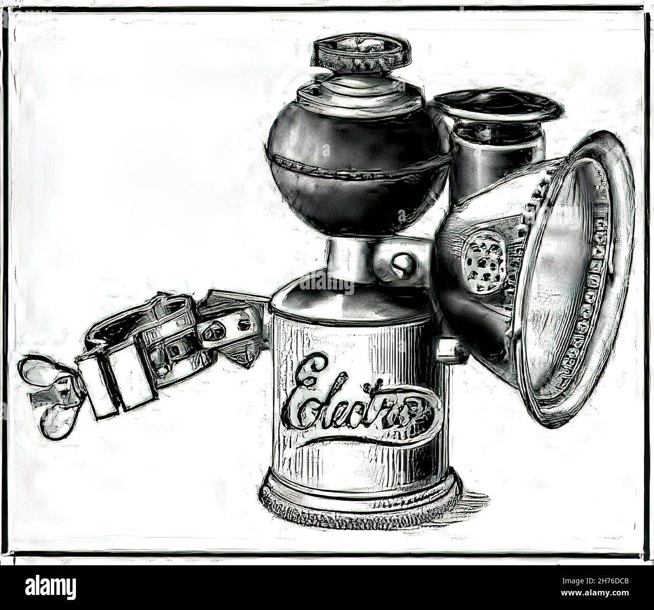 A 19th-century vintage black illustration of an old carbide lamp on a ...