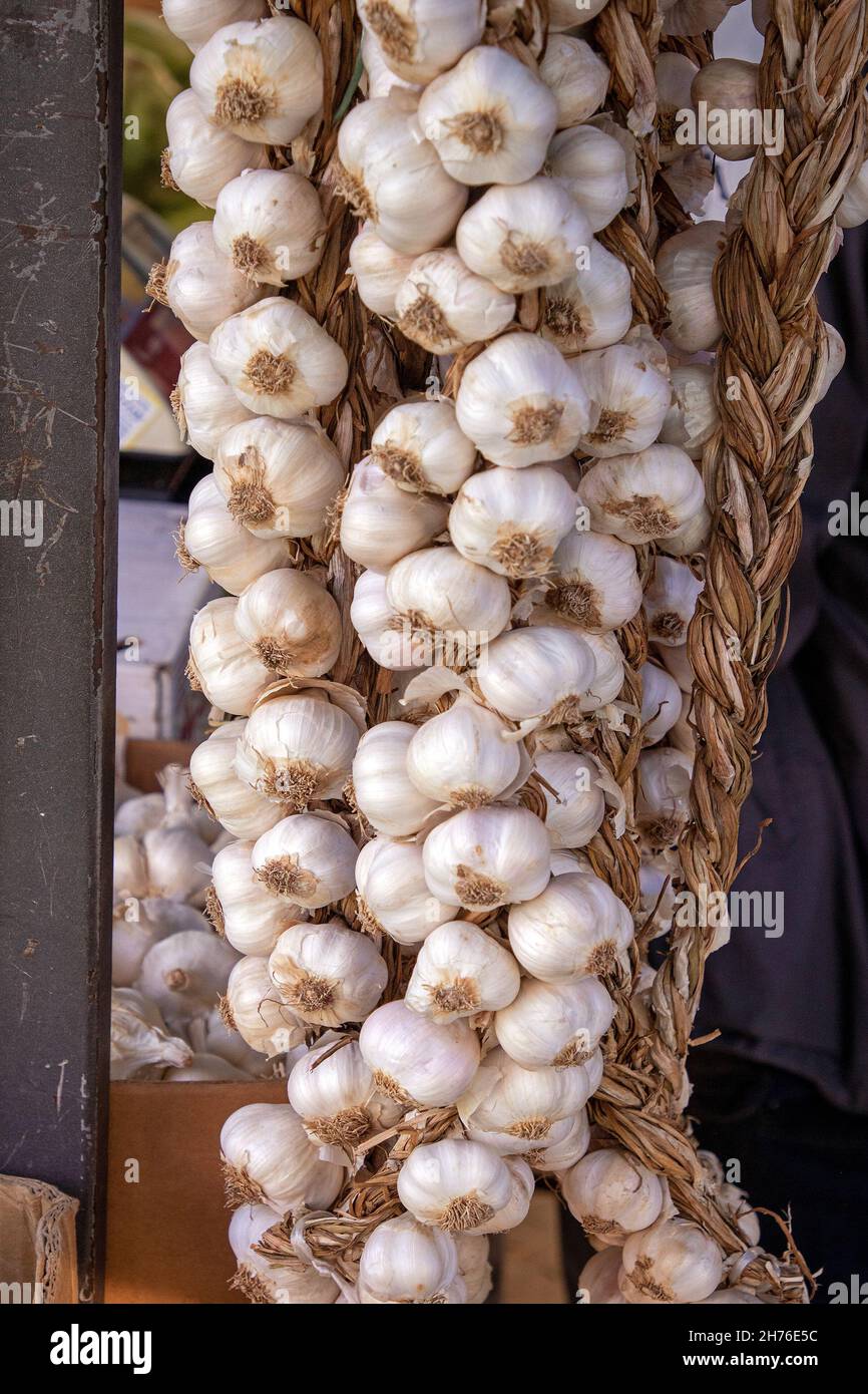 Fresh organic garlic vegetable hanging and sold from market stall Stock ...