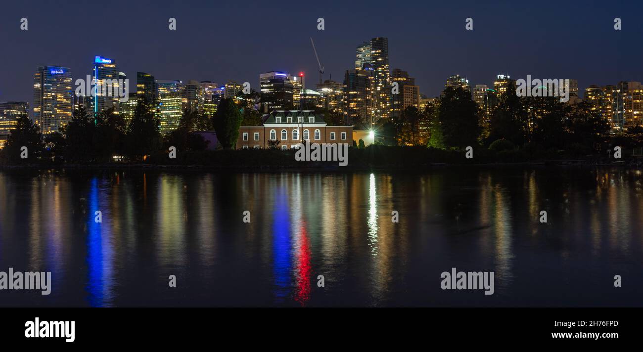 Night photo of the HMCS Discovery Naval station museum located on ...
